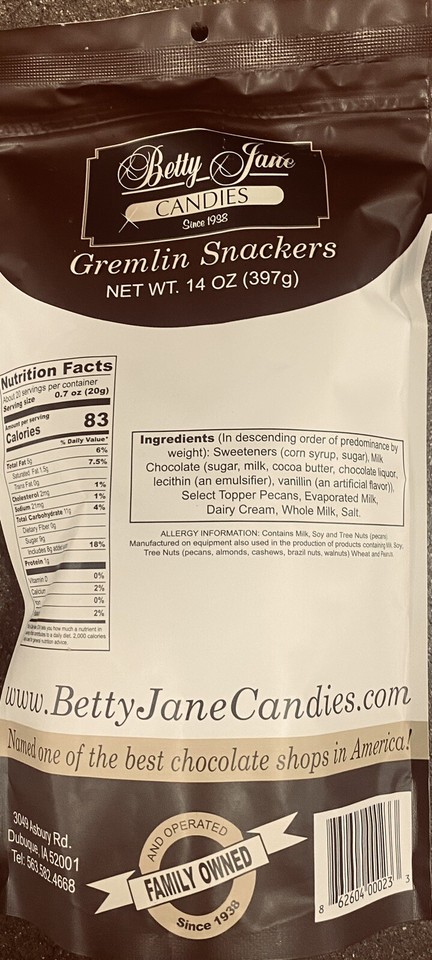 BETTY JANE CANDIES Gremlin Snackers Topper Pecans Caramel Chocolate 14 ...