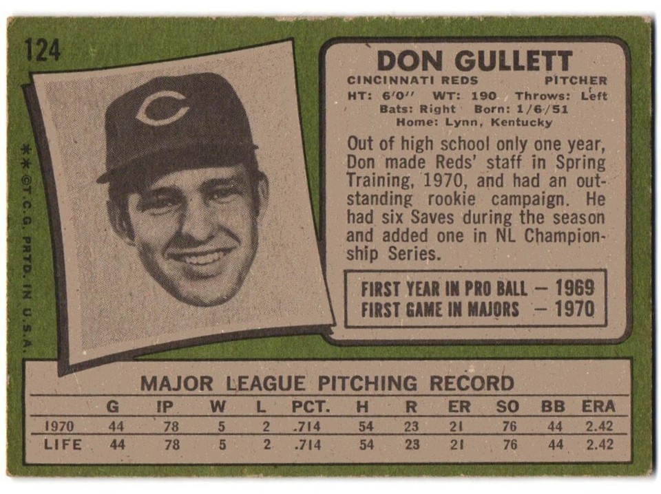 1971 Topps Baseball #124 Don Gullett Cincinnati Reds - VG/EX | eBay