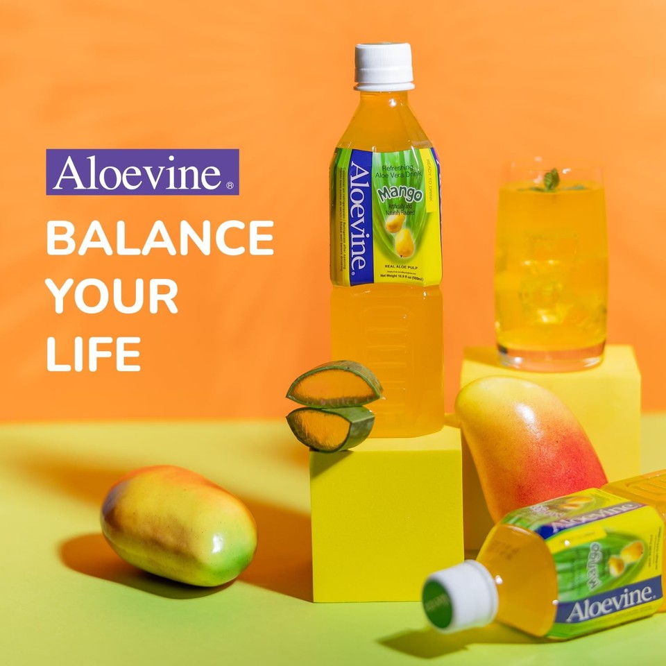 Aloevine Aloe Vera Drink Mango healthy juice pure with chunks of aloe l ...