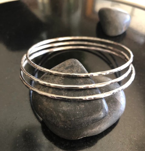 Thick Set of 3 Sterling Silver Stacking Bangle Bracelets, Hammered Bangle Bracel | eBay