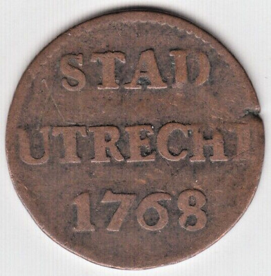 World Coin 1768 Netherlands Dutch Republic Stad Utrecht 1 Duit Copper ...