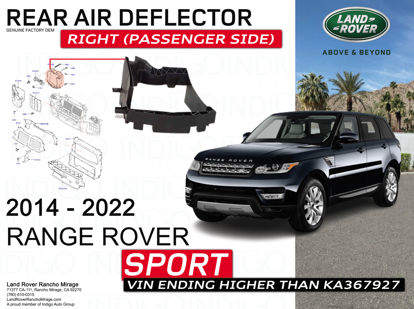 2014-2022 RANGE ROVER SPORT REAR AIR DEFLECTOR RIGHT PASSENGER SIDE RS ...