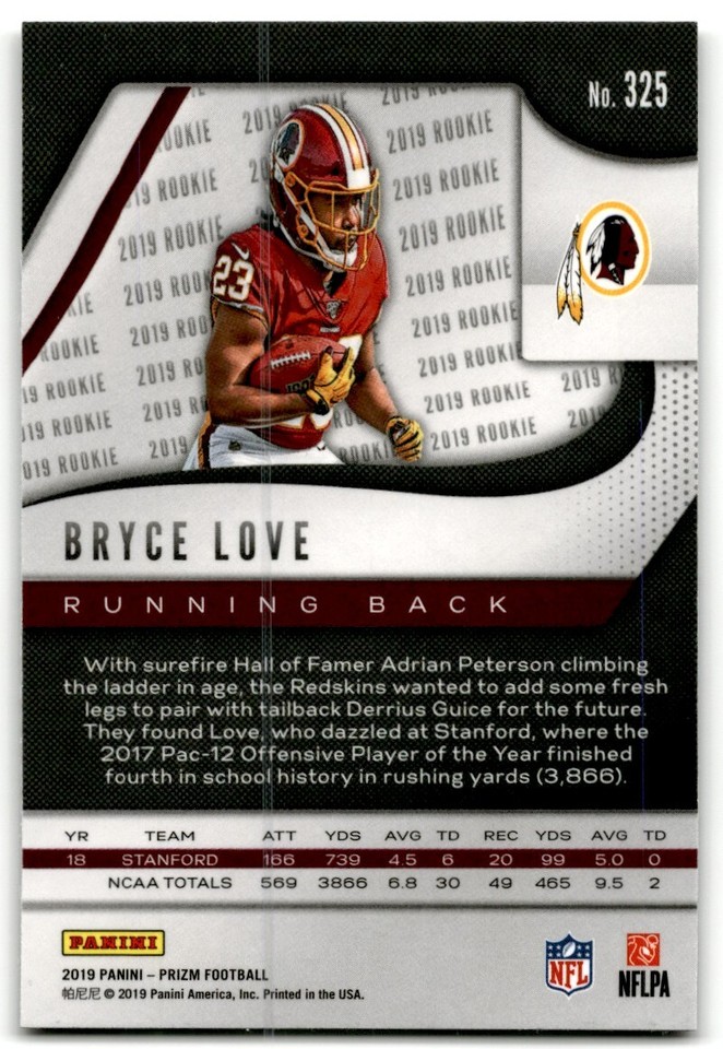 2019 Panini Prizm Bryce Love RC Washington Redskins #325 | eBay