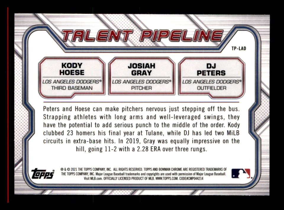 2021 Bowman Chrome #TP-LAD Josiah Gray/Kody Hoese/DJ Peters Dodgers | eBay