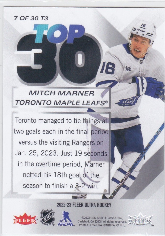 2022/23 FLEER ULTRA..MITCH MARNER..TOP 30..CARD # T3-7..MAPLE LEAFS | eBay