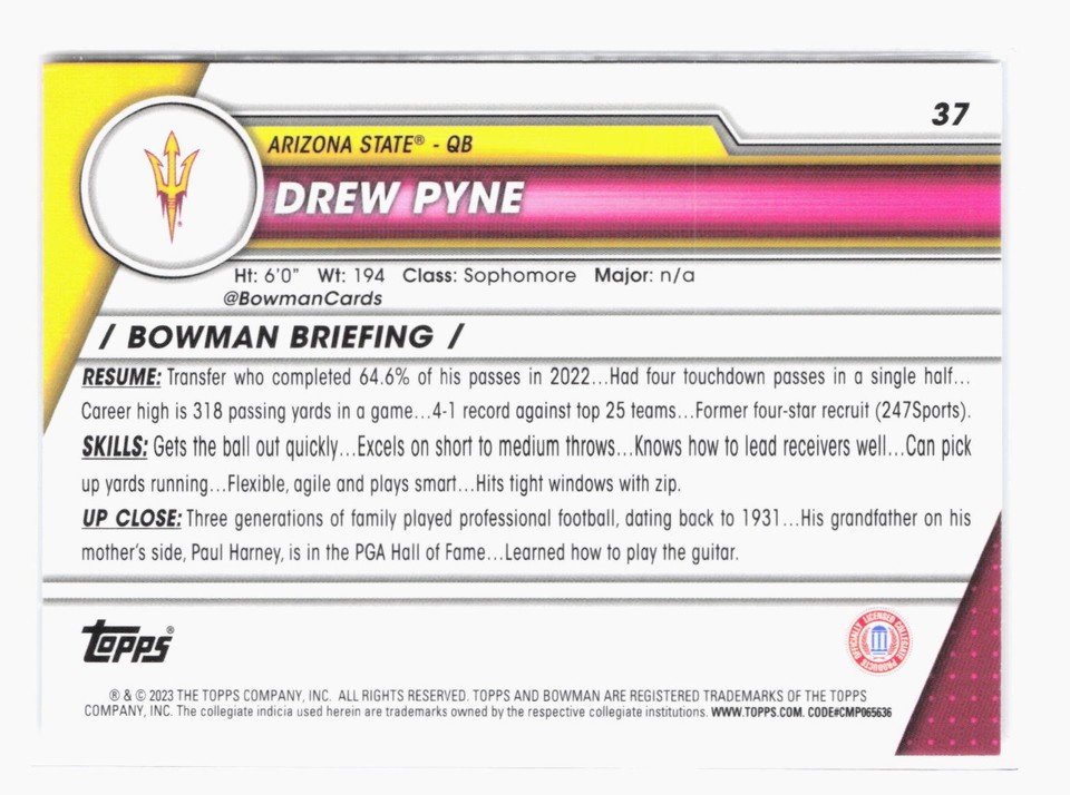 2023 Bowman Chrome University Drew Pyne 1st First 37 Arizona State | eBay