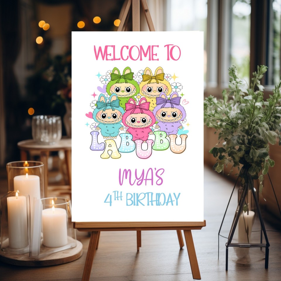 Personalised Labubu kids birthday welcome sign party hall decor poster ...