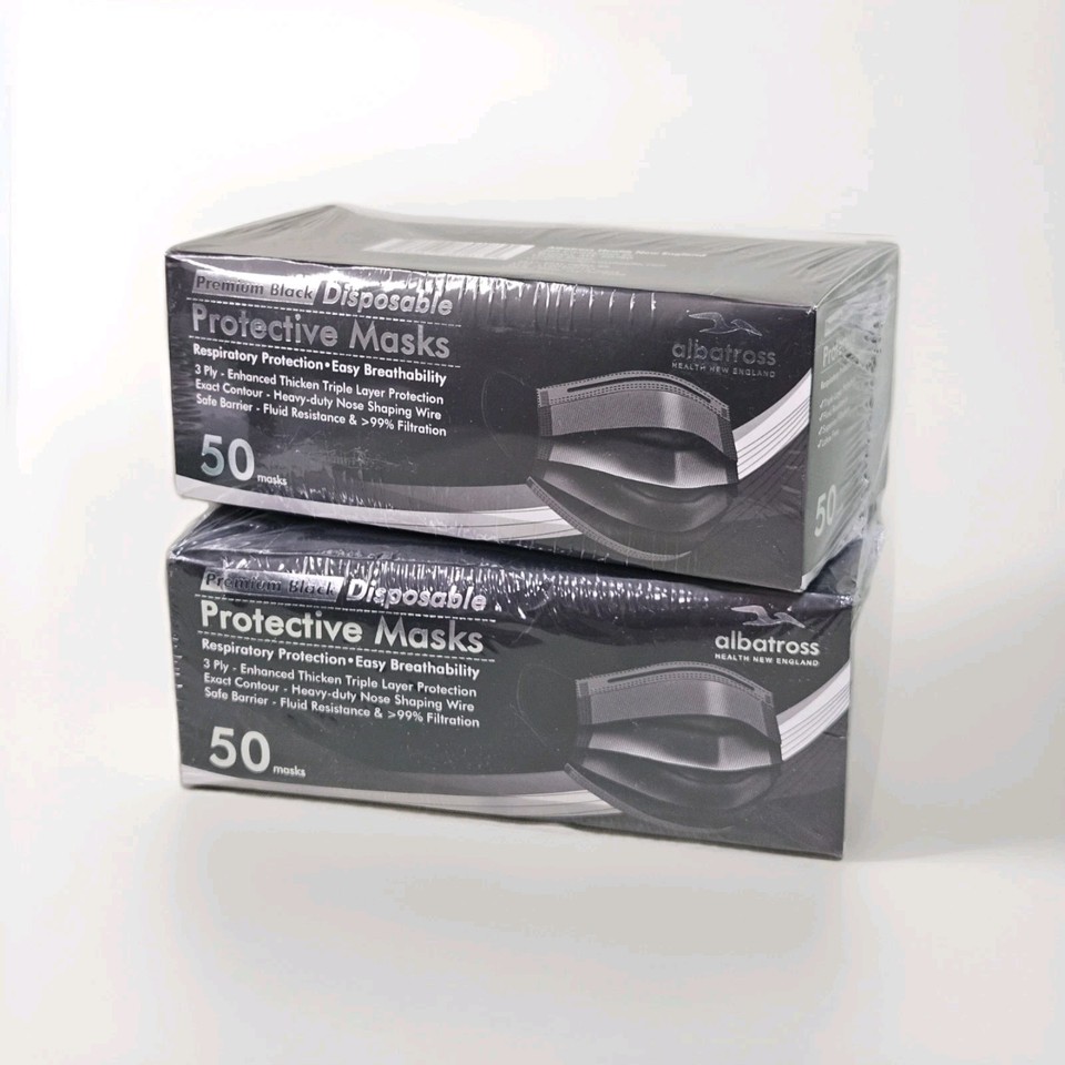 2x Boxes Albatross HealthBlack Disposable Face Mask 3 ply Pk 50 pcs/bx ...