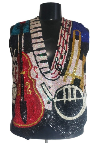 Vintage 90s Sequin Vest Shiny Bling Colorful Musical Notes Violin ...