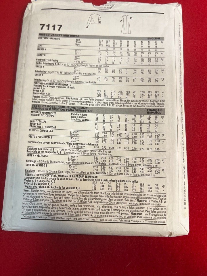 Simplicity 7117, Size 8-12, Misses' Jacket, Dress, Uncut | eBay