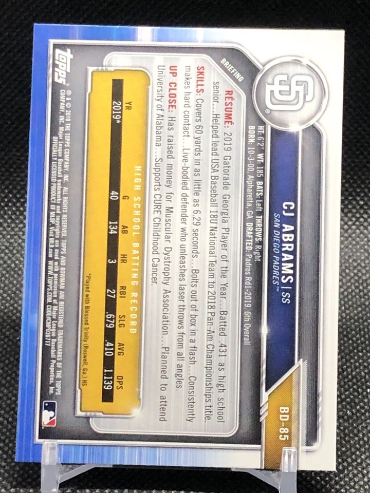 CJ Abrams 2019 Bowman Draft 1st Paper Prospect Card # BD-85 Padres ...