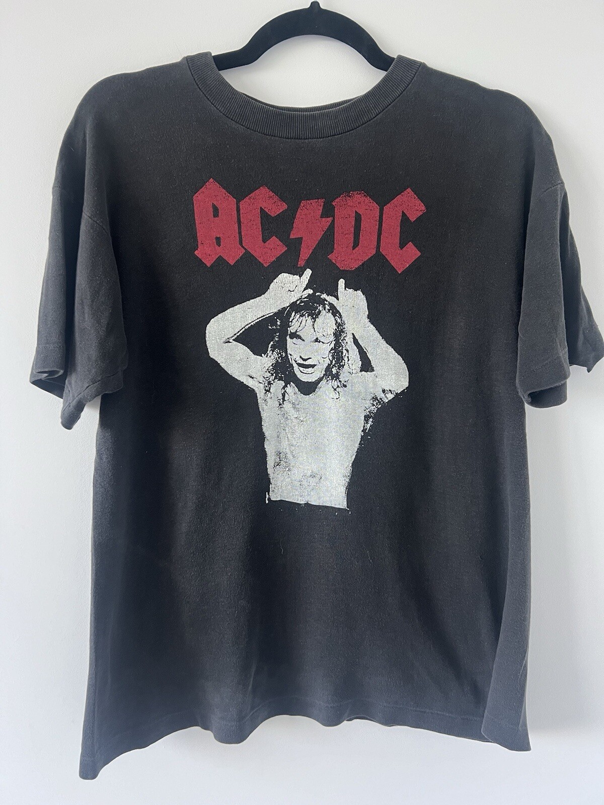 VINTAGE 80s RARE AC/DC Boxy Angus Black Horns 2-Sided… - Gem