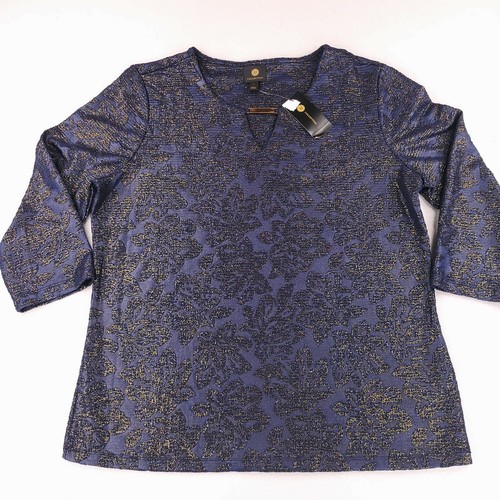 JM Collection Shirt Women Sz L Blue Gold Metallic Textured Keyhole ...