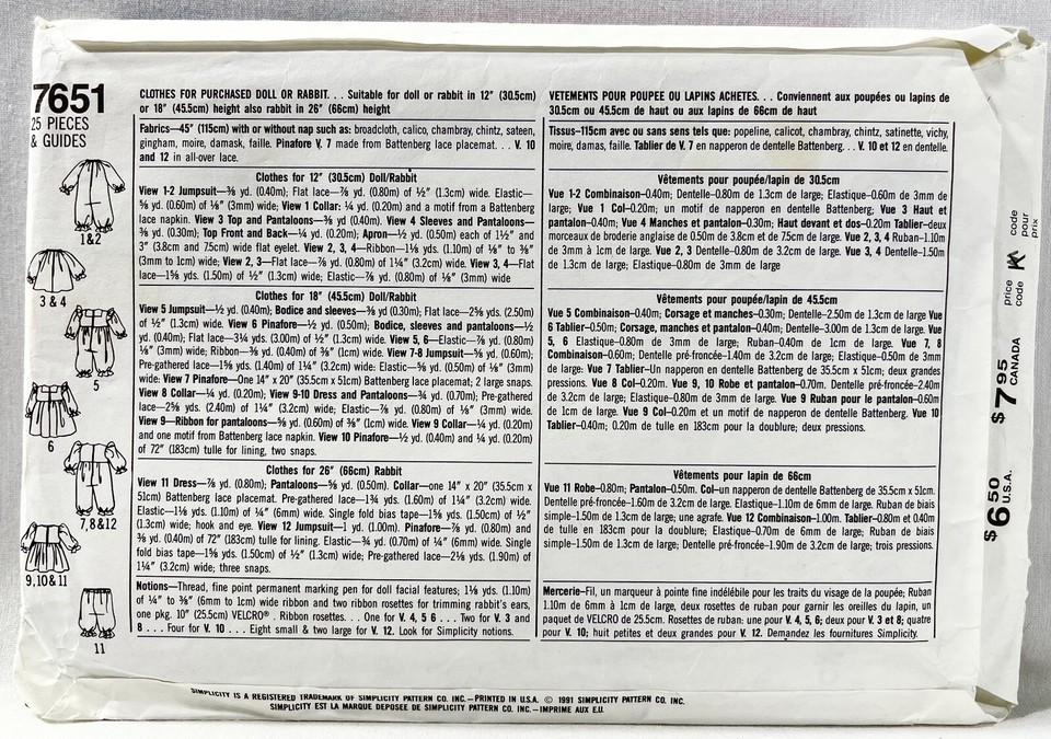 1991 Simplicity Sewing Pattern 7651 Clothes For Purchased Doll or ...