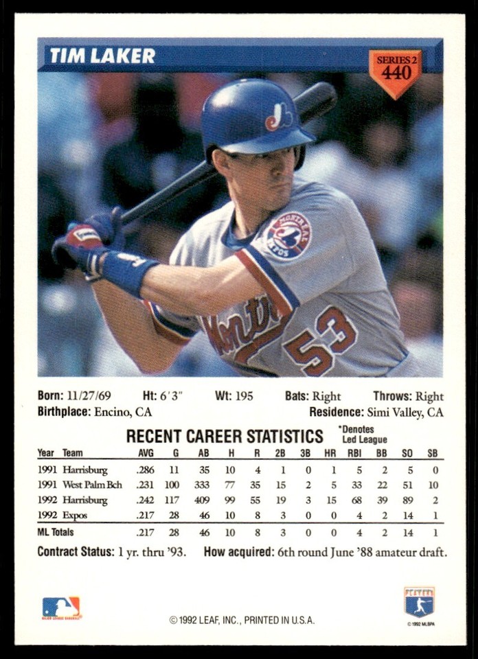 1993 Donruss Baseball Card Tim Laker Rookie Montreal Expos #440 | eBay