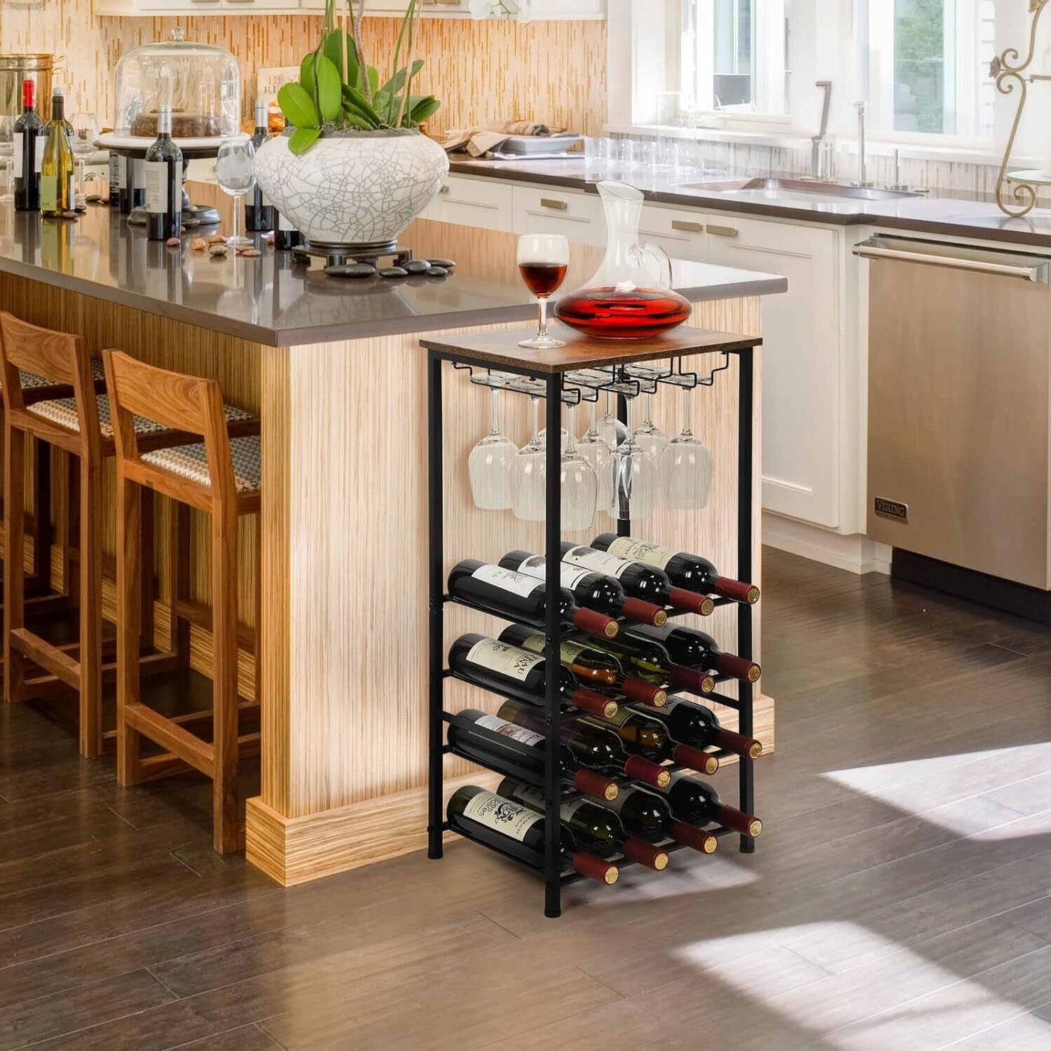 Wine Rack Freestanding Wine Rack Table with Glass Holder 16 Bottle Wine ...