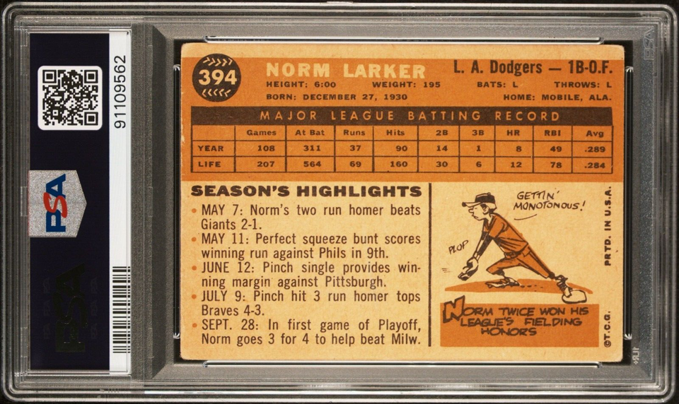 Norm Larker 1960 Topps #394 “Autograph" - PSA/DNA Authentic - Gem Mint ...