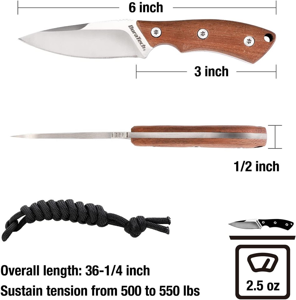 DURATECH Compact Fixed Blade Knife 6'' Full Tang Wood Handle with ...