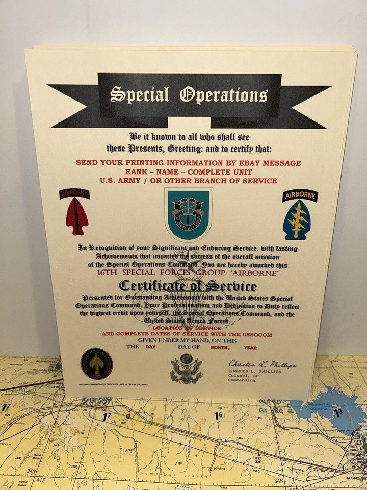 U.S. ARMY - 16TH SPECIAL FORCES GROUP (ABN) CERTIFICATE OF SERVICE | eBay