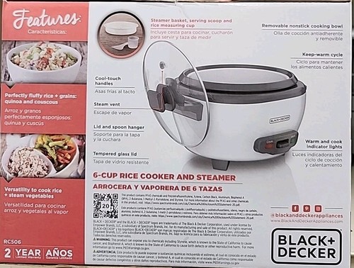 BLACK+DECKER 6-Cup Rice Cooker with Steaming Basket White RC506 ...