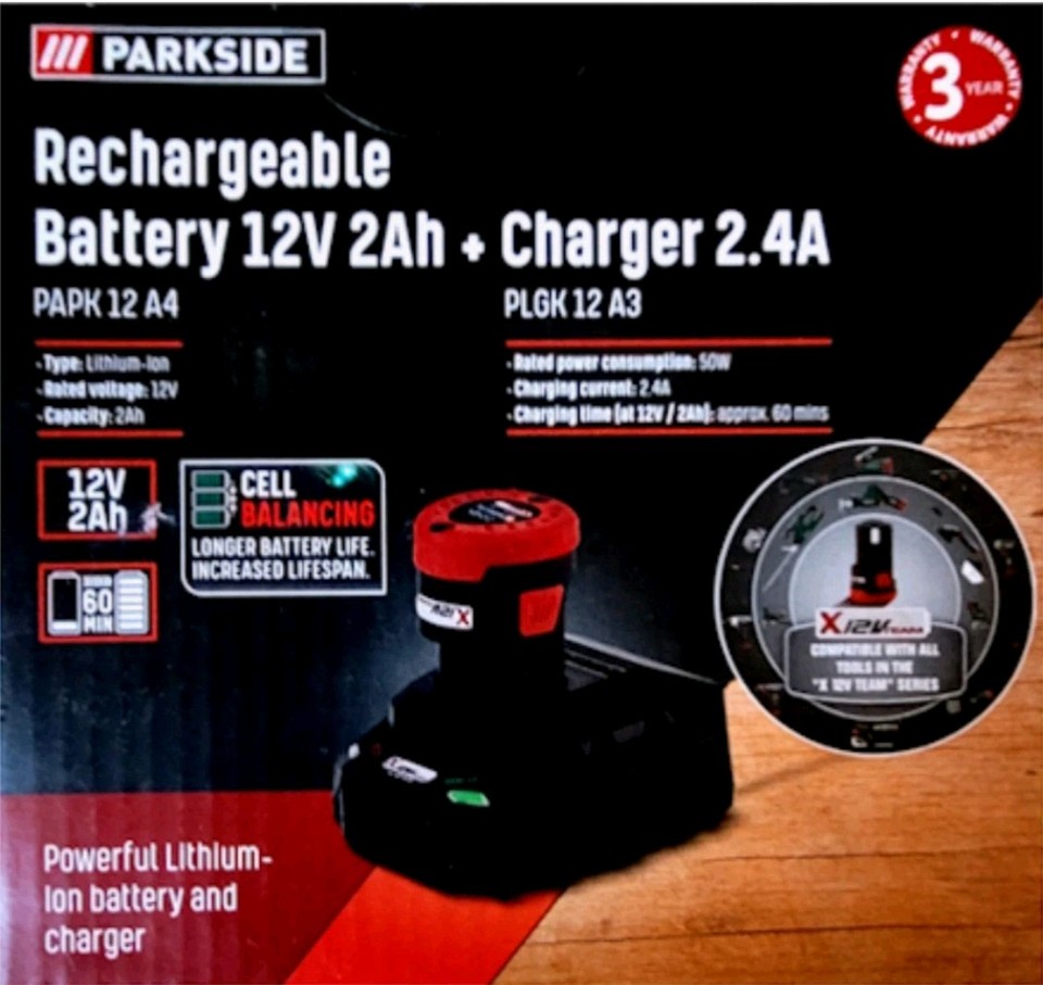 Parkside Rechargeable Battery 12V 2Ah + Charger 2.4A, New for X V12 ...