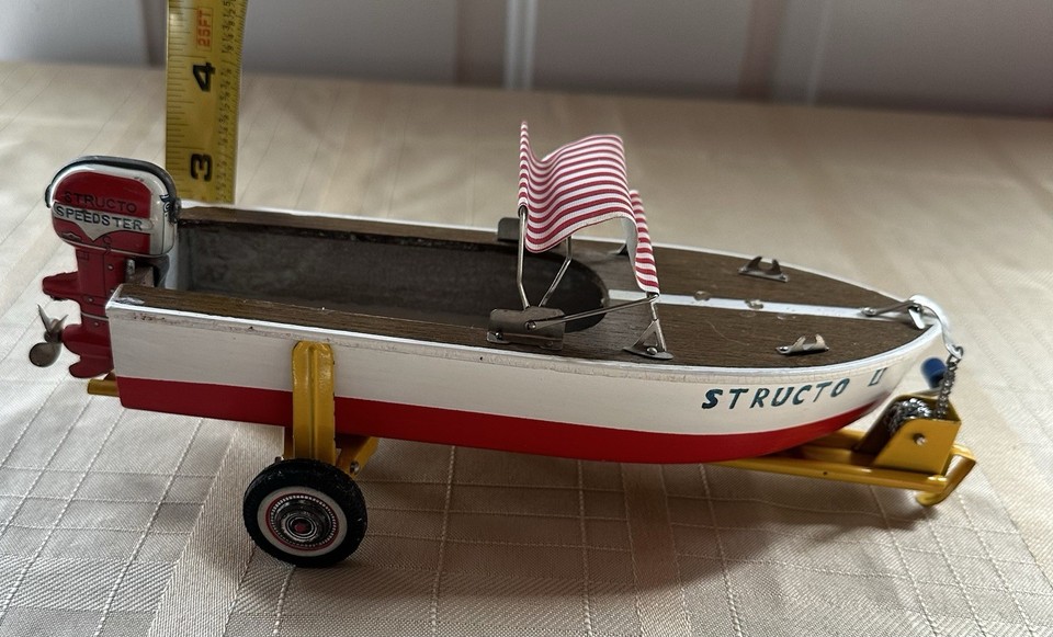 Structo II Wooden Boat With Trailer And Tiny Toy Outboard Motor ...