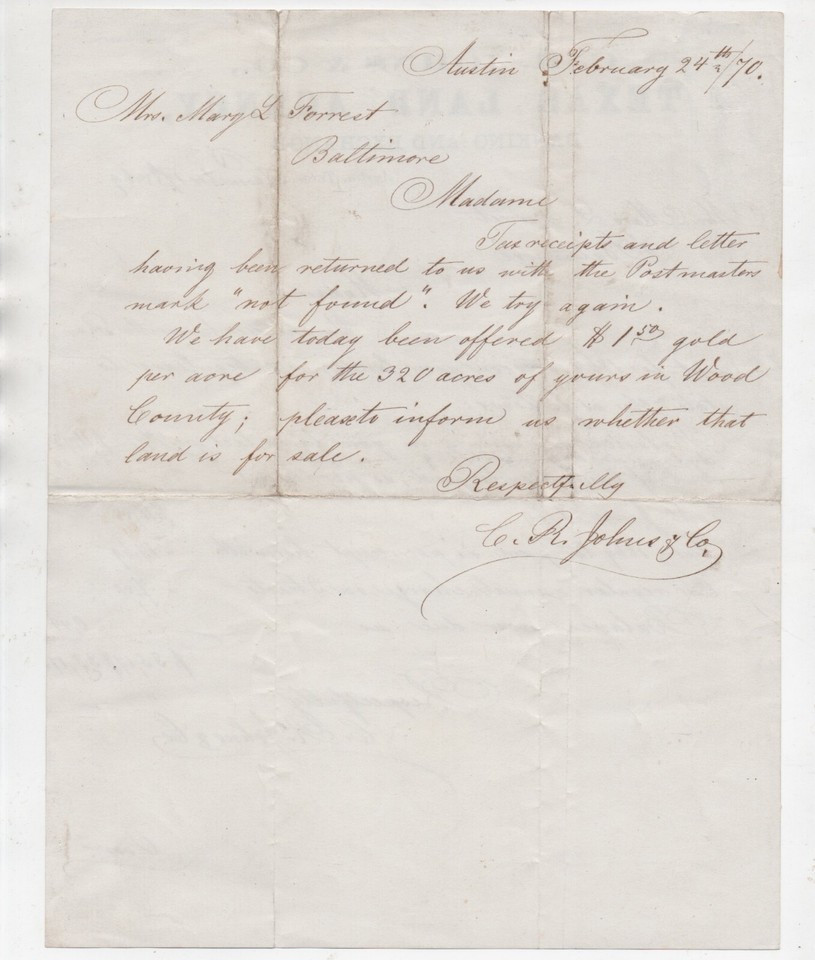 1869 Letterhead & Letter from C.R. Johns & Co Texas Land agency Austin ...