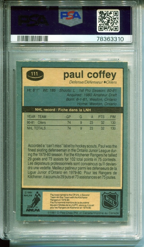 1981 O-PEE-CHEE PAUL COFFEY ROOKE CARD # 111 PSA 7 NM EDMONTON OILERS ...