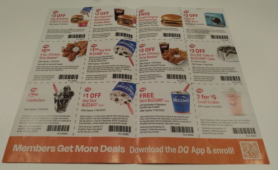 (1) Sheet of Dairy Queen (DQ) Coupons - Expiration 11/2/25 (No tracking ...
