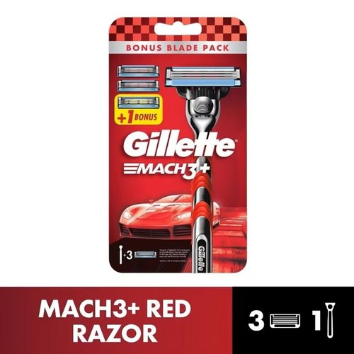 "Gillette" Mach3+ Red Razor" -Handle & 3 Cartridges, High Performance ...