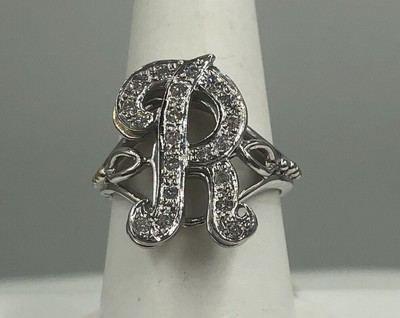 14k W/G Genuine Diamond R Initial Ring | eBay