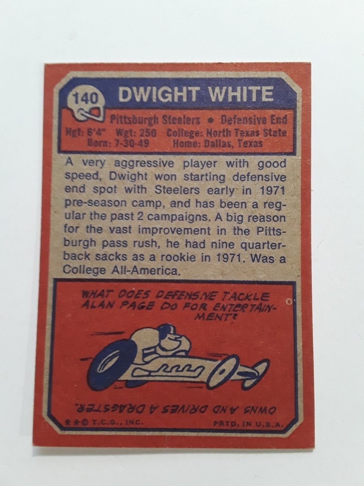 1973 Topps Dwight White Rookie #140 football card Pittsburgh Steelers ...