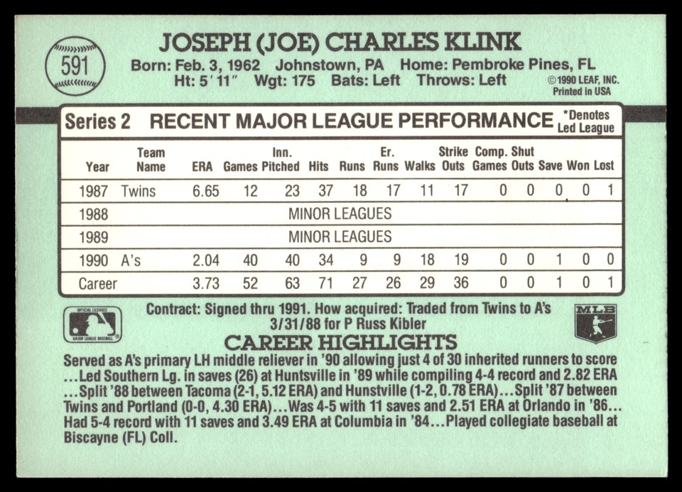 1991 Donruss #591 Joe Klink | eBay