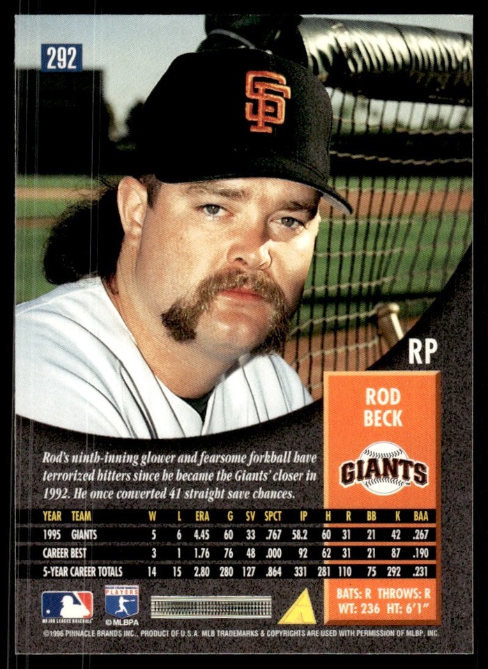 1996 Pinnacle Baseball Card Rod Beck San Francisco Giants #292 | eBay