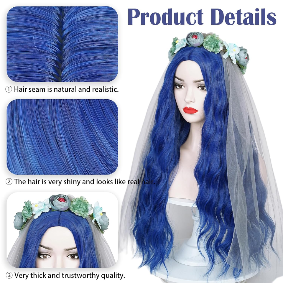 Corpse Cosplay Bride Wig with Veil & Flower Crown & Wig Cap for Women ...