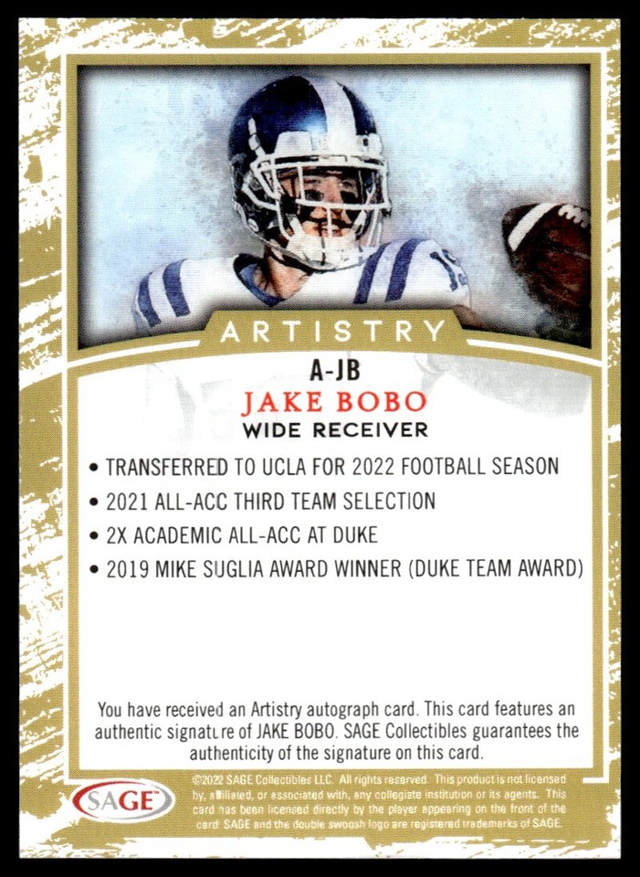 2023 SAGE HIT Autographs Jake Bobo Auto UCLA Bruins #A-JB | eBay