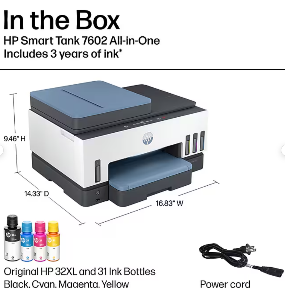HP Smart Tank 7602 Wireless All-in-One Color Tank Printer 3 Years Ink ...