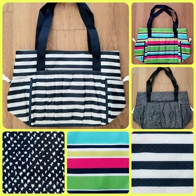 NEW Thirty One New Day Tote Preppy Pop Navy Rugby Stripe Scribble ...