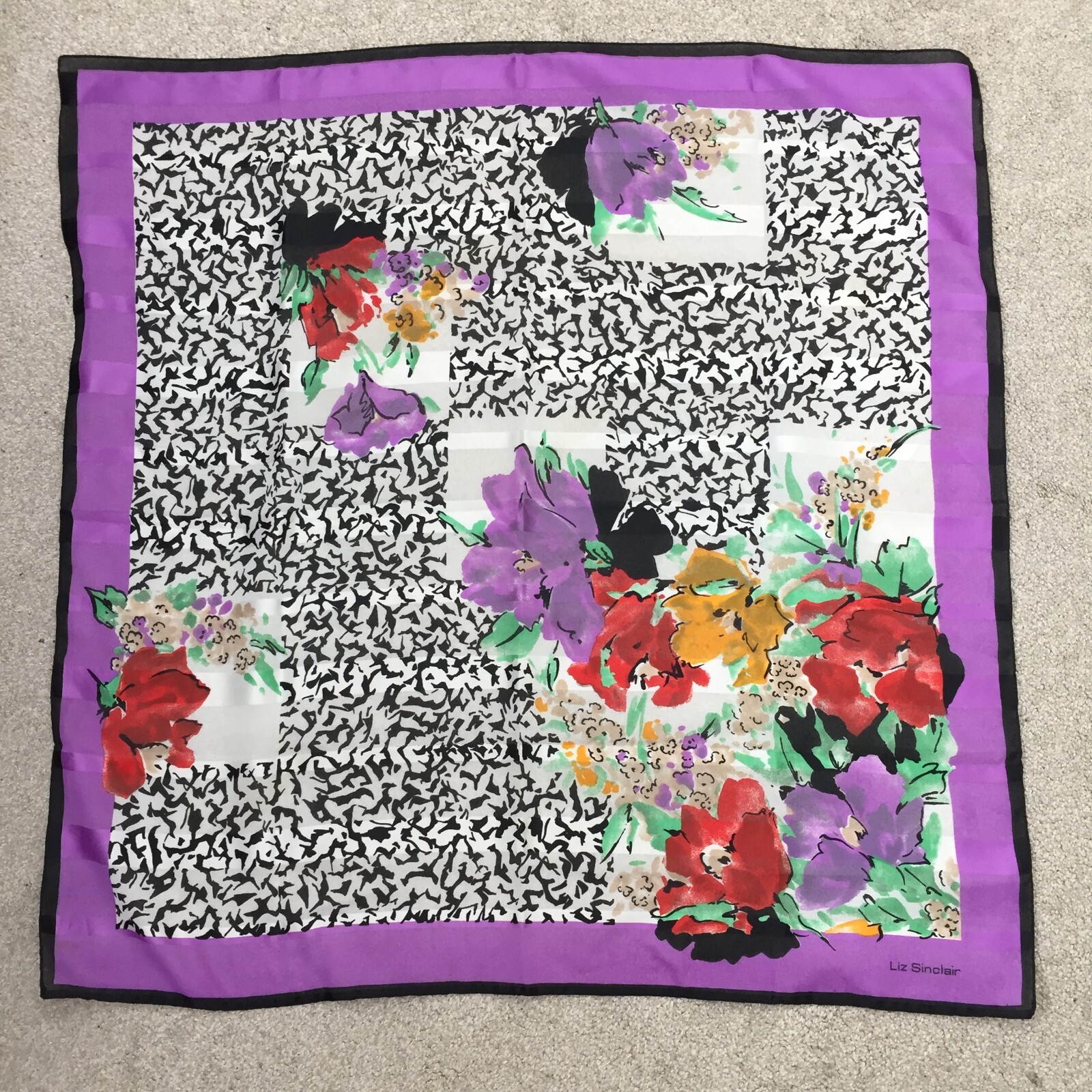 Liz Sinclair fashion scarf 30 x 30 square floral purple green shawl ...