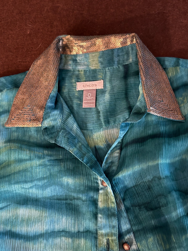 CHICO'S BEAUTIFUL GREEN PASTEL SHIRT WITH SHINY GOLD COLLAR - SIZE 0 ...