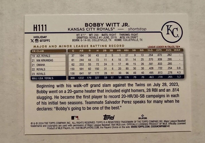 BOBBY WITT JR 2024 Topps Holiday Edition HOLIDAY TREE PARALLEL #H111 ...