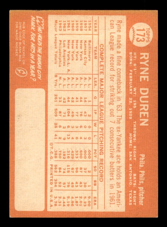 1964 Topps Baseball #173 Ryne Duren NM *e1 | eBay