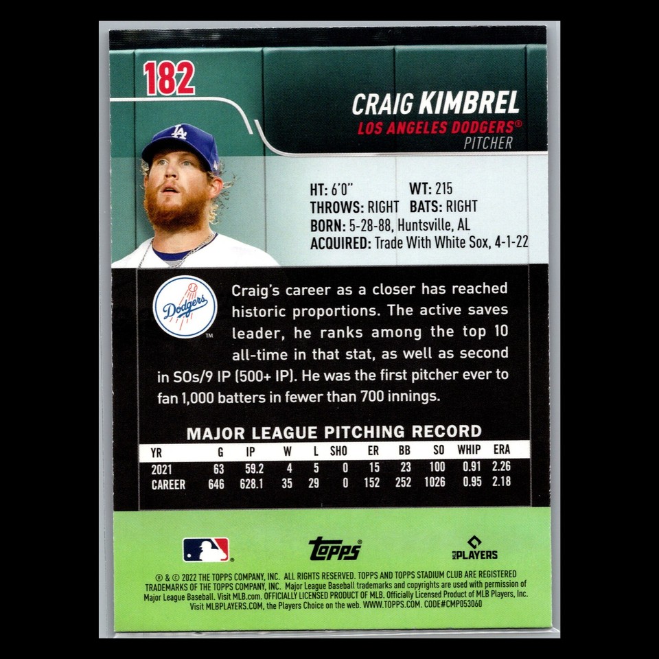 2022 Topps Stadium Club - #182 Craig Kimbrel - Los Angeles Dodgers | eBay