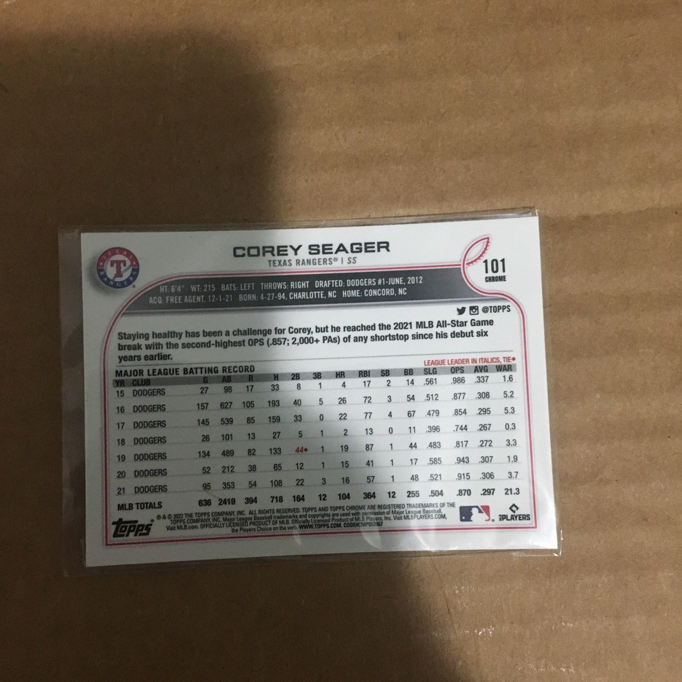 2022 Topps Chrome #101 Corey Seager Card Texas Rangers | eBay