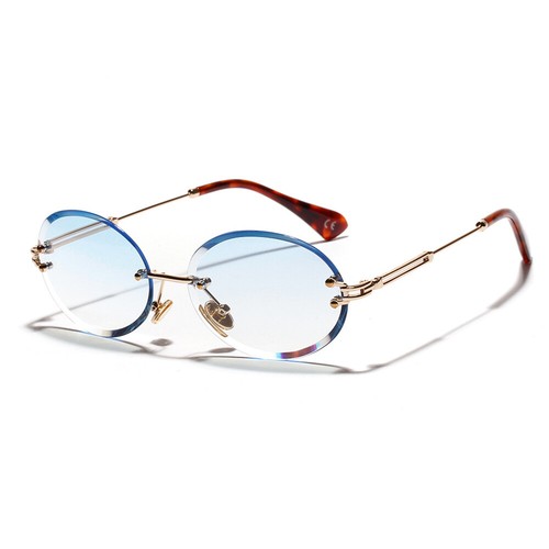 Gold Rimless Vintage Baby Blue Tint Round Diamond Cut Old School Mens ...