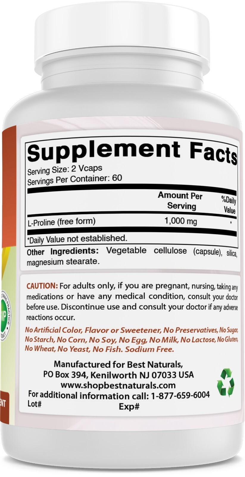 Best Naturals L-proline Amino Acid Dietary Supplement 500 Mg, 120 Count ...