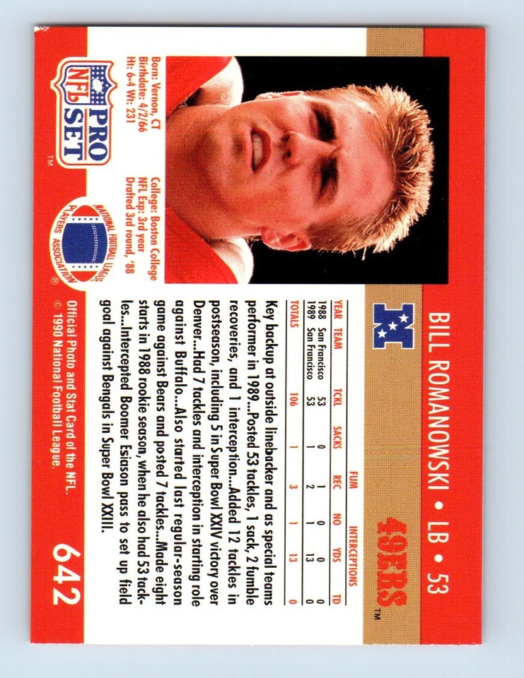 1990 Pro Set Bill Romanowski Rookie San Francisco 49ers #642 | eBay