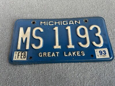 1993 Michigan License Plate MS1193 Blue Great Lakes Feb 93 Sticker | eBay