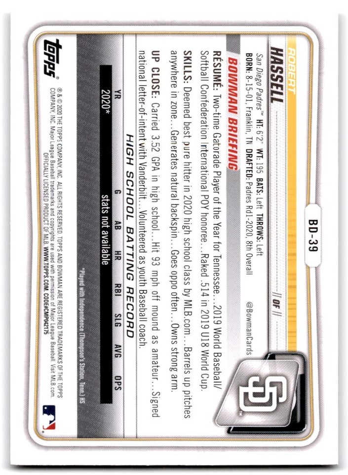 2020 Bowman Draft 1st Bowman Paper Robert Hassell San Diego Padres #BD ...