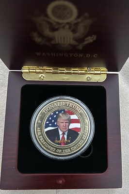 CHALLENGE PHOTO COIN w WOOD BOX GOLD ENAMEL PRESIDENT REPUBLICAN EAGLE ...